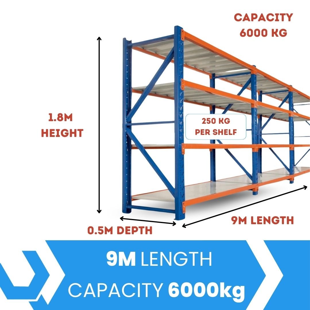 Heavy Duty Warehouse Garage Storage H1800 x L9000 x D500mm Steel Shelv ...